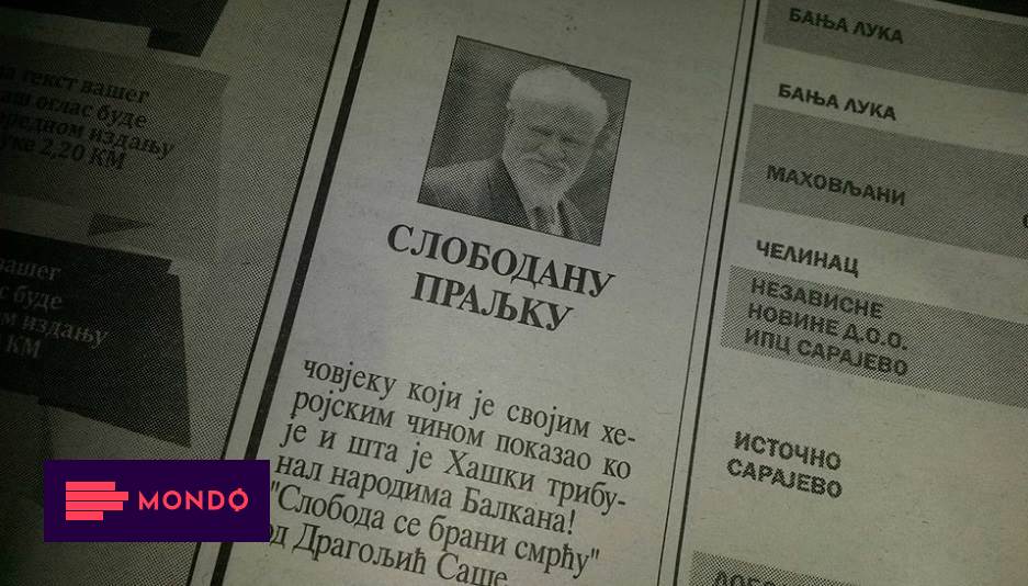 Čitulja za Praljka u banjalučkim novinama